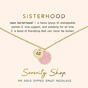 Sorority Shop DZ Necklace - Delta Zeta Pink Druzy Gemstone Necklace With Engraved Pendant – 14K Gold Dipped Jewelry with Pink Gemstone – Sorority Gift, Charm Paraphernalia