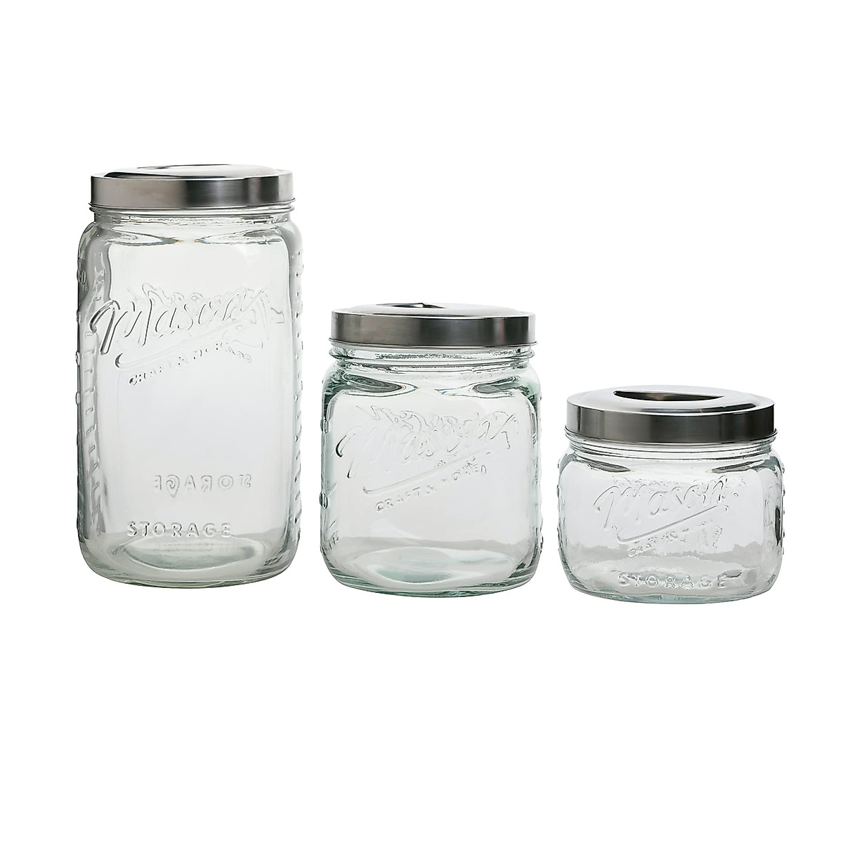 Mason Craft & More Airtight Kitchen Food Storage Clear Glass Pop Up Lid Canister, 3 Piece Pop Up Graduated Canister Set (1.6L, 2.75L, and 4.6L)