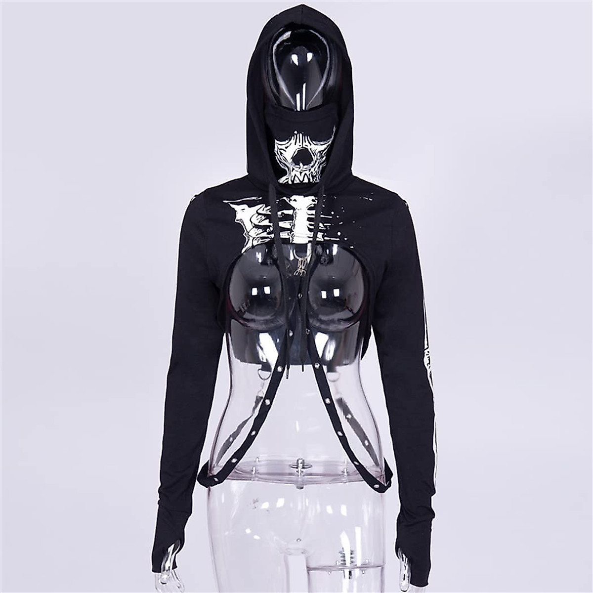 win2win Skeleton Hoodie Gothic Tops For Women Rave Top Punk Crop Top Sweatshirts Goth Mask Emo Black Festival Clothing Cosplay