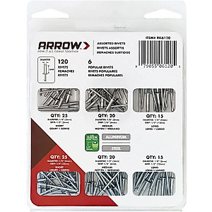 Arrow RK6120 Pop Rivet Assortment Kit for Metal, Fabric, Leather, and Auto Repair, Aluminum and Steel, 1/8-Inch, 120-Pack