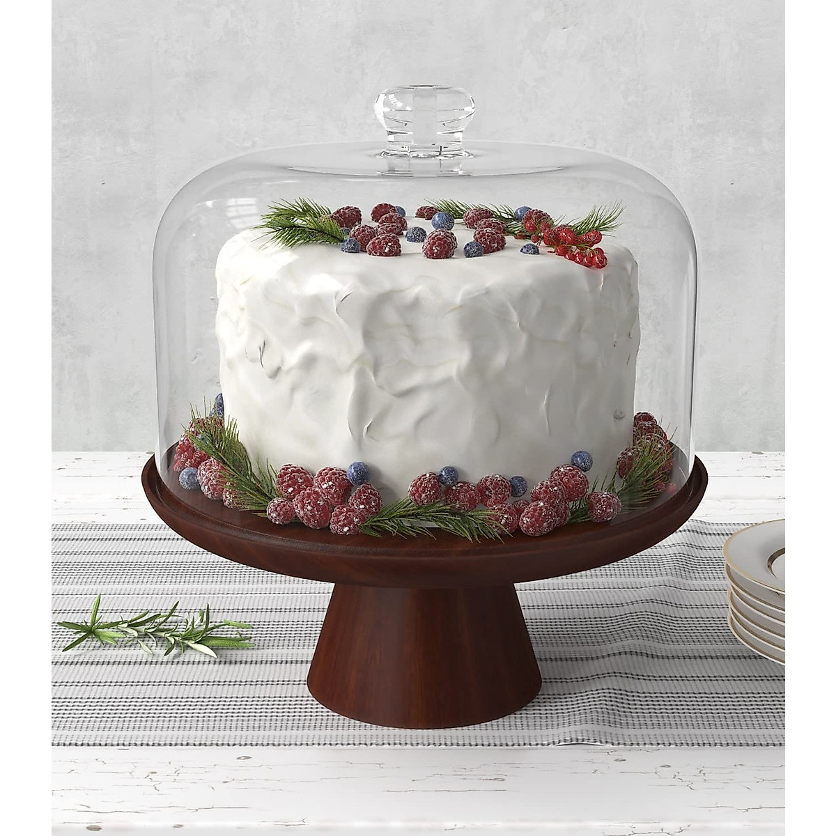 Wood Cake Stand with Dome - 11.5"D Wooden Cake Stand with Acrylic Shatterproof Dome - Cake Display Stand with Cover - Covered Cake Stand with Lid - Pastry Stand with Dome - Large Cake Stand with Cover