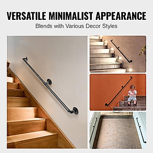 VEVOR Pipe Stair Handrail, 6FT Staircase Handrail, 440LBS Load Capacity Carbon Steel Pipe Handrail, Industrial Pipe Handrail with Wall Mount Support, Round Corner Wall Handrailings for Indoor, Outdoor