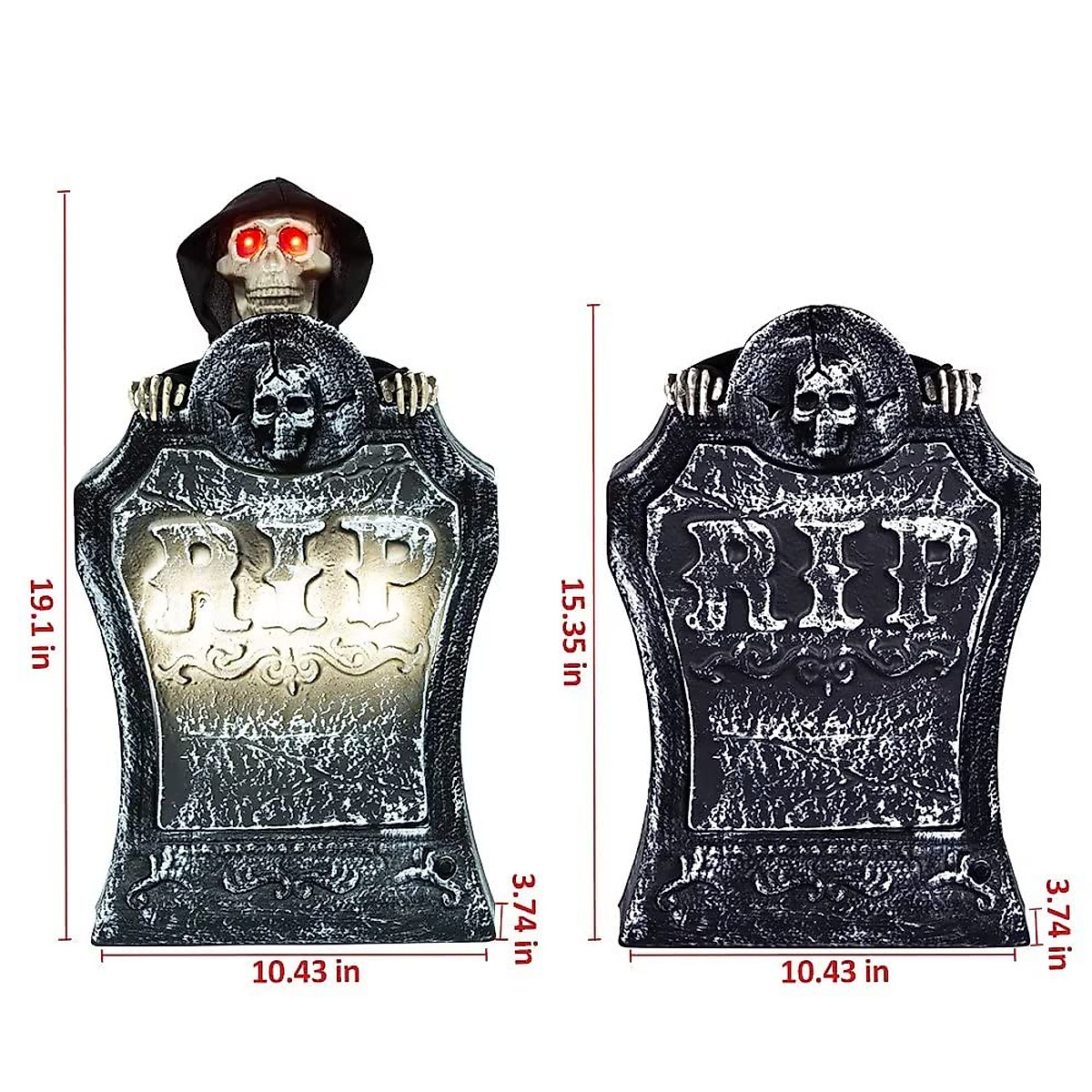 19" Halloween Decorations Resin RIP Graveyard Tombstone with LED Lights, Animated Movable Skeleton Skull with Glowing Eyes and Voice Activation for Yard Lawn Haunted House Outdoor Decor Party Props