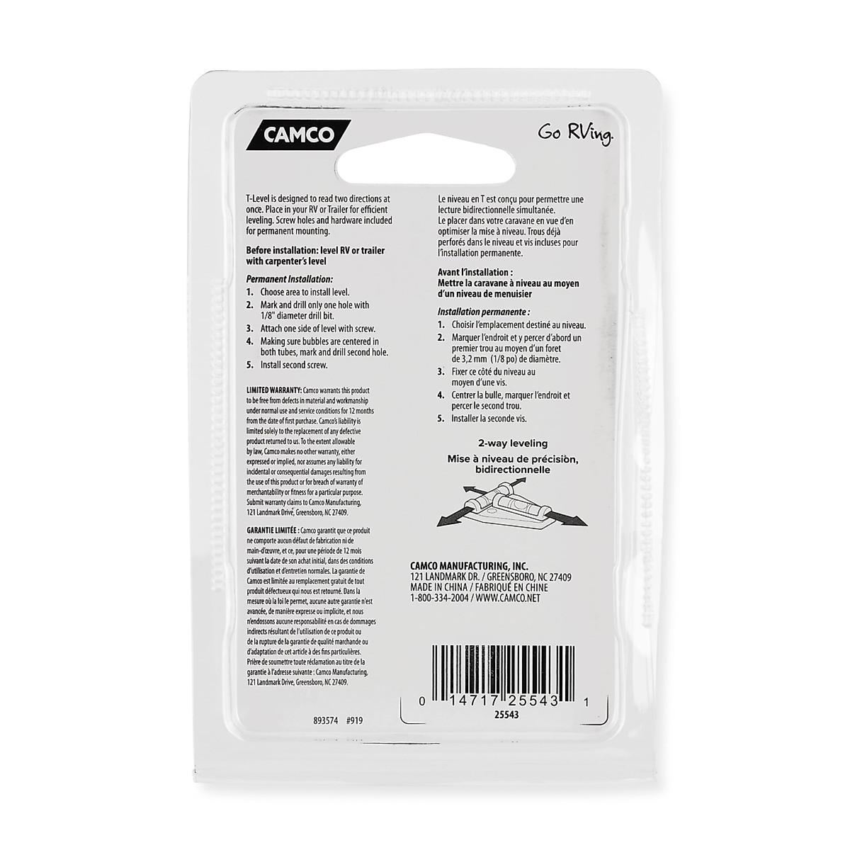 Camco RV T Level | Assists You in Leveling Your RV | For Front-to-Back and Side-to-Side Leveling | Screw-Mounted (25543), Green,black