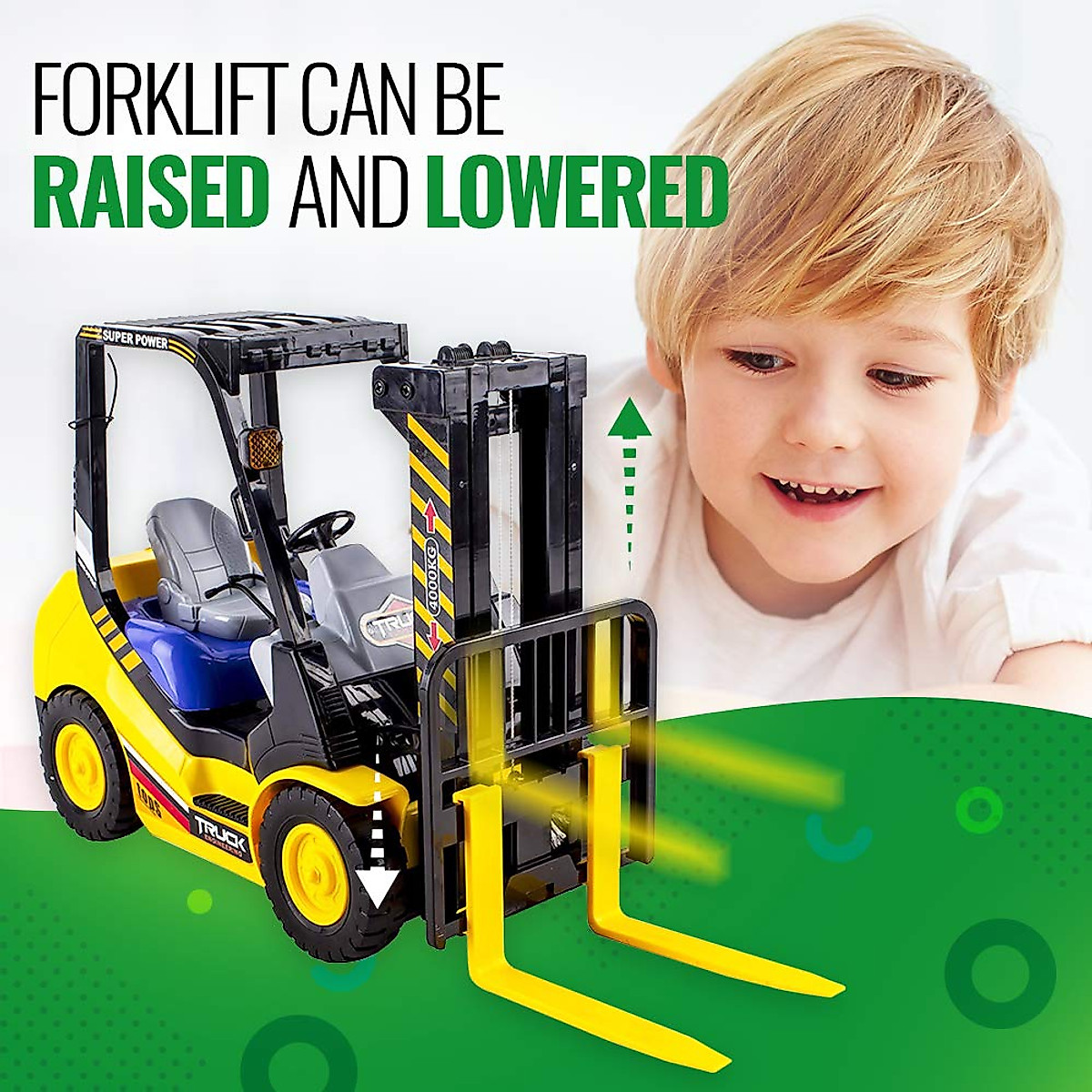 WolVolk 6-Channel Electric Remote Control Forklift - Functional RC Lighted Fork Lift Toy w/Pallet, Barrel, Rechargeable Batteries & Charger - Pretend Construction Playset for Kids