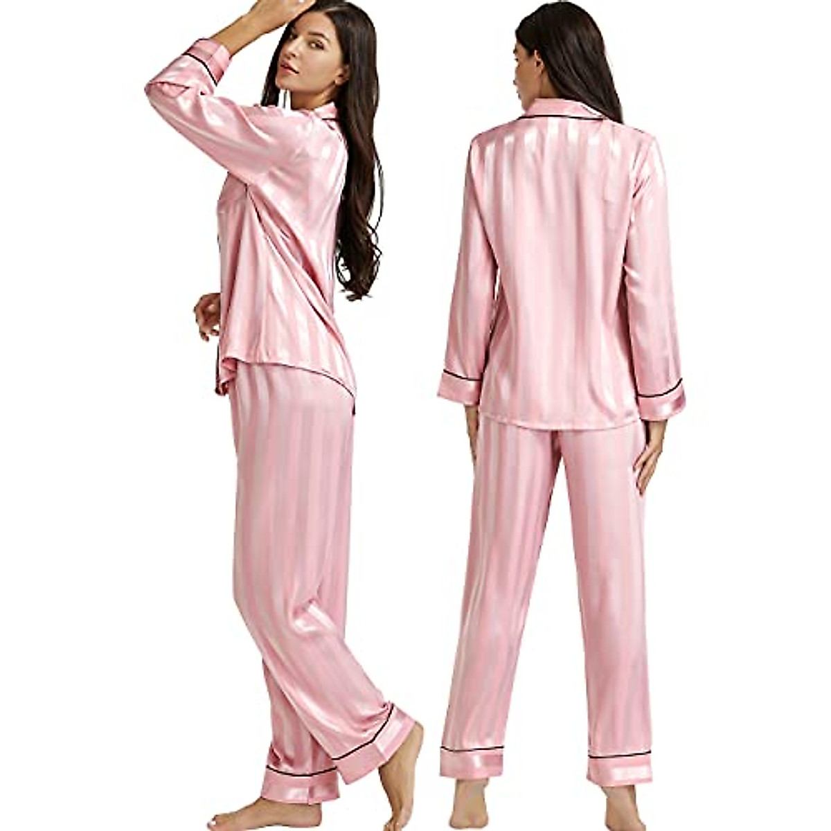Lonxu Womens Silk Satin Pajamas Set Pink Striped L