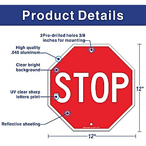 Stop Sign, Street Slow Warning Reflective Signs, 12 x 12 Inches Octagon.040 Rust Free Aluminum, UV Protected and Waterproof, Weather Resistant, Durable Ink, Easy to Mount