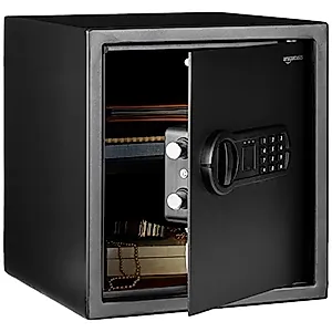 Amazon Basics Steel Home Security Safe with Programmable Keypad Lock, Secure Documents, Jewelry, Valuables, 1.2 Cubic Feet, Black, 13" x 13" x 14.2"