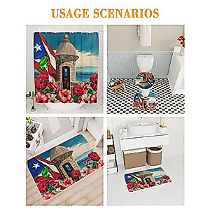 4 Piece Shower Curtain Sets Puerto Rico Flag Frog with Awesome Hibiscus Ocean Coastal Architecture Include Non-Slip Rug,Toilet Lid Cover,Bath Mat& Shower Curtain Waterproof with 12 Hooks for Bathroom