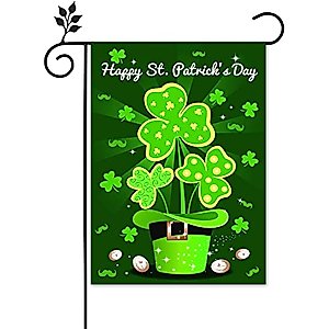 St Patricks Day Garden Flag, 12.5 x 18 inch Green Hat/Shamrock St Patrick's Day Garden Flag Decorative, Double Sided Printing Green Parade Holiday Outside Décor for Yard Farmhouse