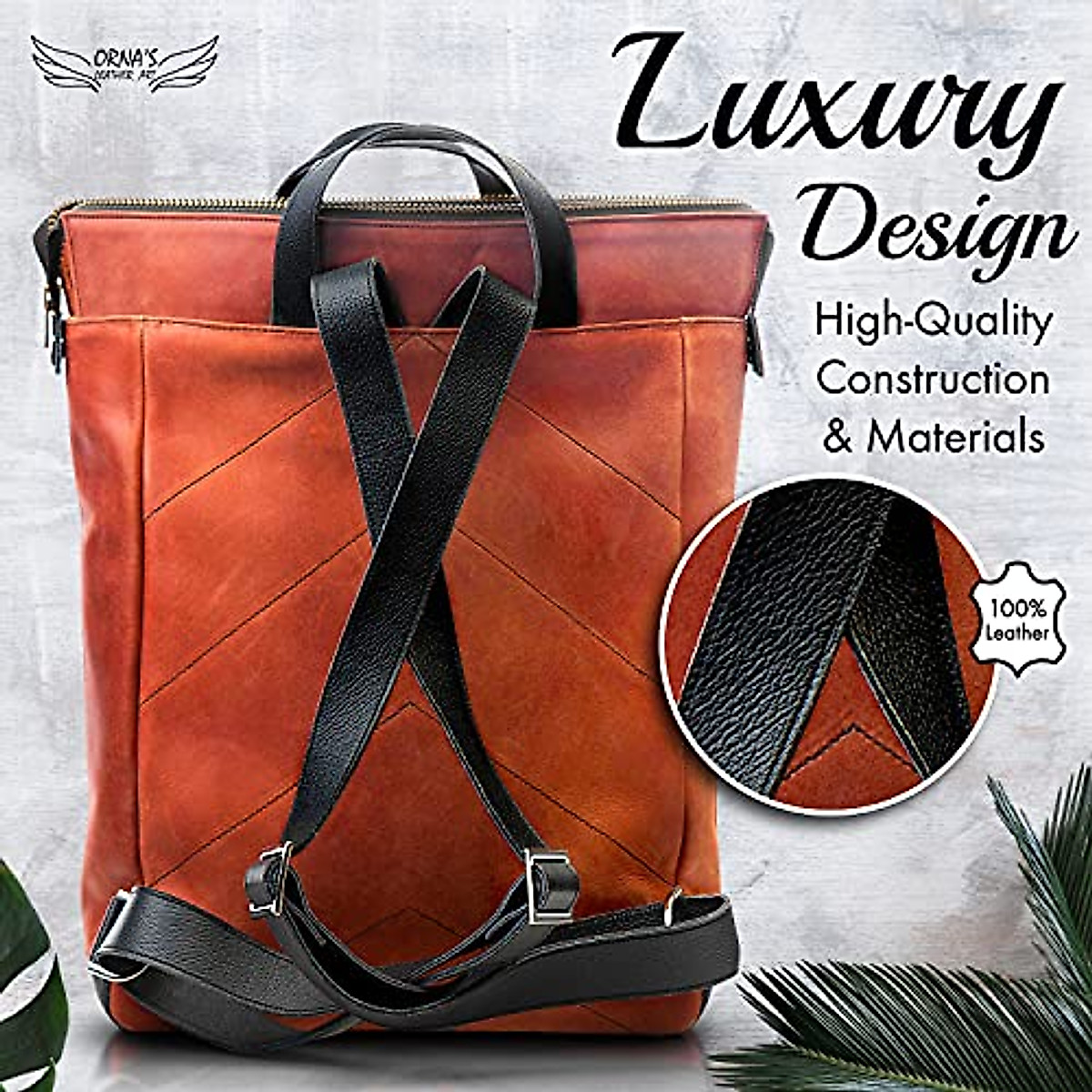 ORNA'S LEATHER ART | SWAN Everyday leather backpack for Women. Practical, Stylish and Spacious Women’s Bag. Real Leather in A Chic Backpack And Contemporary Design (R. COGNAC)