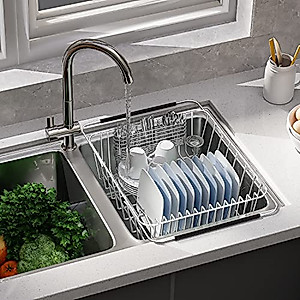 Jobemin Dish Drainer Rack in Sink Adjustable, Expandable 304 Stainless Steel Metal Dish Drying Rack Organizer with Stainless Steel Utensil Holder Over Inside Sink Counter, Rustproof