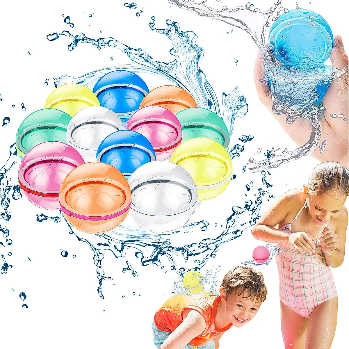 Reusable Water Balloons 12 Pcs, Silicone Water Ball Magnetic Self-Sealing Easy Quick Fill, Outdoor Water Toys for Kids Adults, Pool Beach Bath Water Balls Toys, Summer Fun Party Supplies