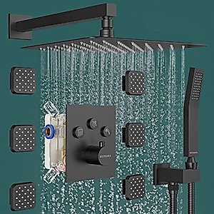 Bostingner 12 Inch Thermostatic Rain Shower System with Body Jets, Wall Mounted, with Brass Handheld Shower Head and 6 Body Spray Shower Jets (Can Run All Together),Thermostatic Shower Valve Set Black
