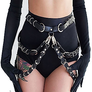 HUI GUO Women's Body Chain Belt Leather Gothic Punk Metal Tassel Waist Belt Adjustable Buckles Vintage Black Rocker for Costume