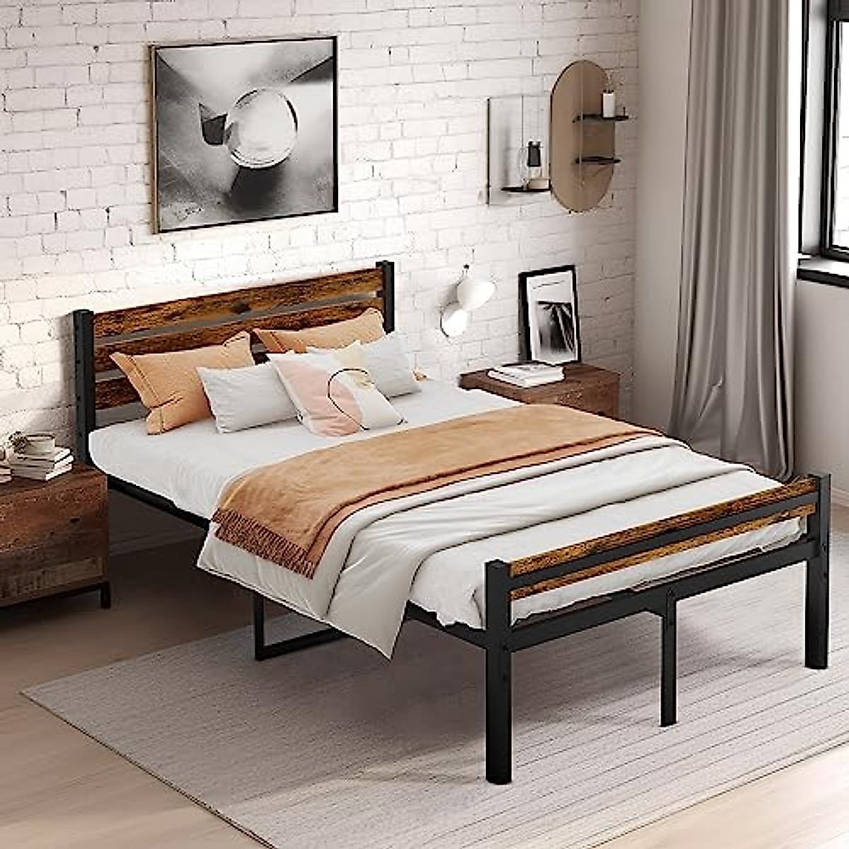 AWQM 14 Inch Full Bed Frame, Metal Platform Full Size Bed Frame with Wood Headboard and Footboard, No Noise, No Box Spring Needed, Bed Central with Extra Metal Support, More Sturdy, Rustic Brown+Black