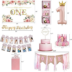 Baby Girl 1st Birthday Decorations , Baby First Birthday Supplies for Girl,Including Balloon Boxes, Pink Gold Balloons Garland Arch Kit，Party Backdrop, High Chair Banner, Crown, Photo Banner