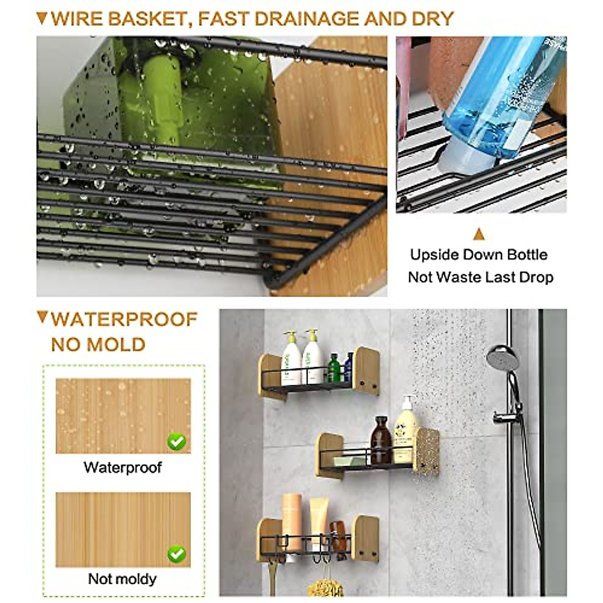 Lomivra 3 Pack Shower Caddy,Bamboo Shower Caddy Bathroom Organizer Shelf,Shower Organizer Rack with 3 Hooks,No Drilling & Rustproof Adhesive Hanging Shower Storage Basket for Inside Shower Bathroom