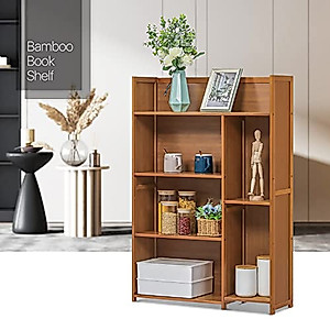 MoNiBloom 4 Tier Bookcase, Bamboo Freestanding Display Shelves Bookcase Open Storage Book Shelves for Living Room Home Office Décor, Brown