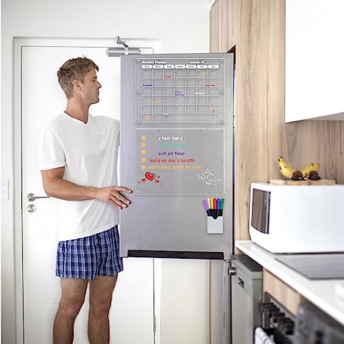 Merrynine 2 Pack Magnetic Calendar for Refrigerator,Acrylic Fridge Calendar,Clear Dry Erase Reusable Planning Boards with 6 Marker Pen,Case,Towel,2 Screw Stickers (16"X12", Monthly + Blank Memo)