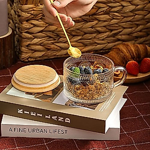 4pcs Set Vintage Coffee Mugs, Overnight Oats Containers with Bamboo Lids and Spoons - 14oz Clear Embossed Glass Cups, Cute Coffee Bar Accessories, Iced Coffee Glasses, Ideal for Cappuccino, Tea, Latte