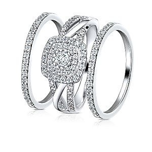 MDFUN Three-in-One ring set Square Halo Wedding Band Set Engagement Ring 18K White Gold Plated Cubic Zirconia Promise ring Eternity Ring for Women Size 8