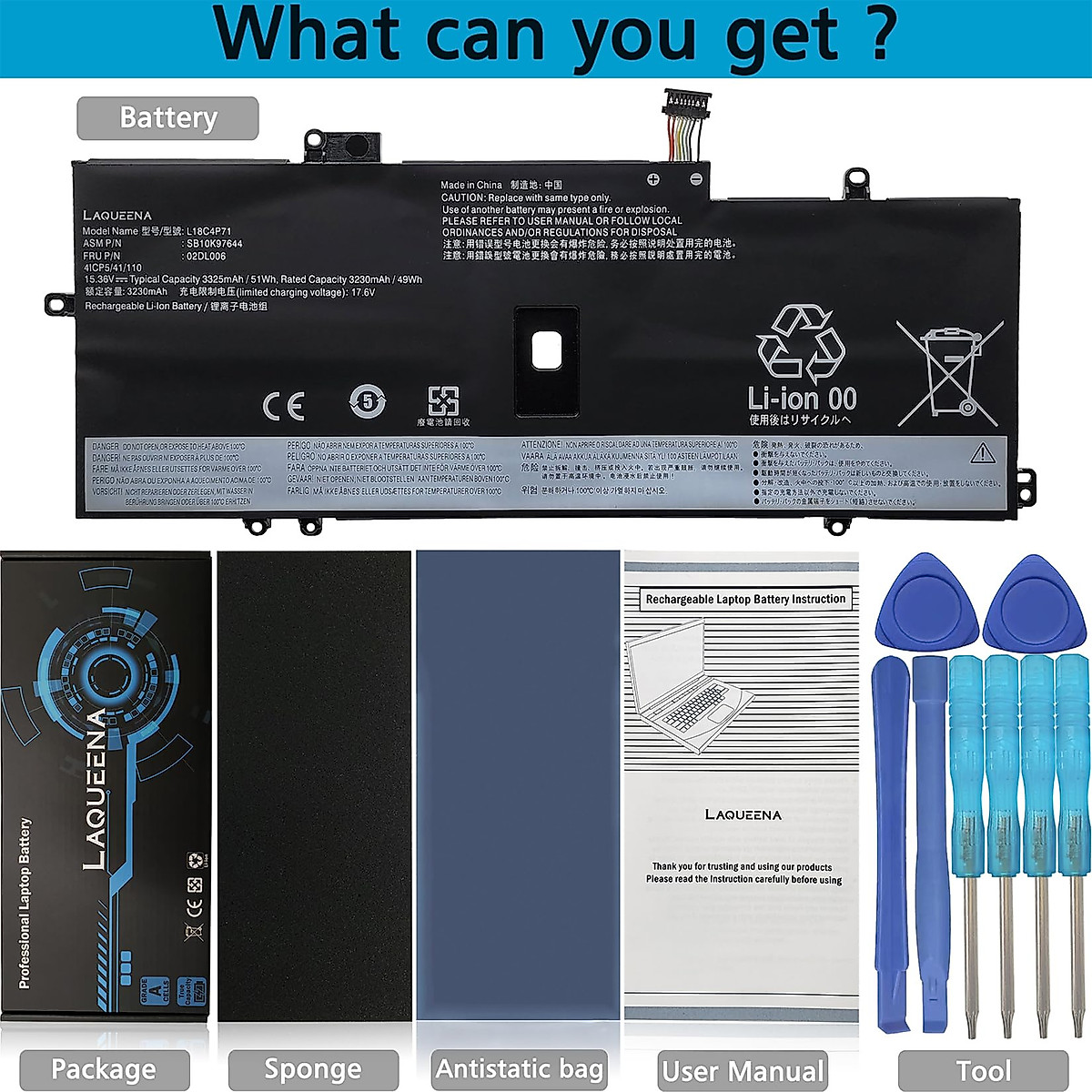 Laqueena L18C4P71 Laptop Battery Compatible with Lenovo ThinkPad X1 Yoga 4th Gen / X1 Carbon 7th Gen 2019 8th Gen 2020 Series L18L4P71 L18M4P72 02DL005 02DL006 02DL004 SB10K97643 SB10K97642 SB10K97644
