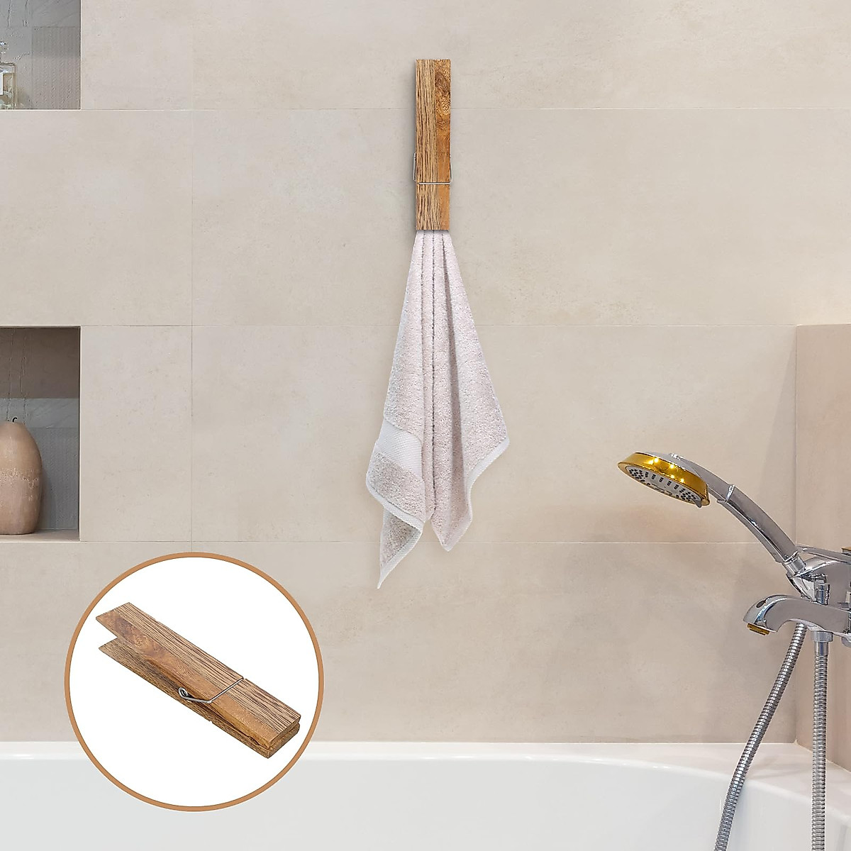 Cabilock 2pcs 12 Inches Jumbo Clothespins with Adhesive Wooden Clothespins Towel Holder Clothes Clips with Spring for Wall Bathroom Laundry Room Nursery Kitchen Decor