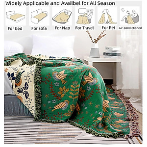 Skrmisda Bohemian Throw Blankets, Boho Birds 60 * 80 Inch Cotton Blanket for Bed Couch Camping Picnic Full Size Tassel Reversible Breathable Soft & Cozy Blankets (Green+Beige)