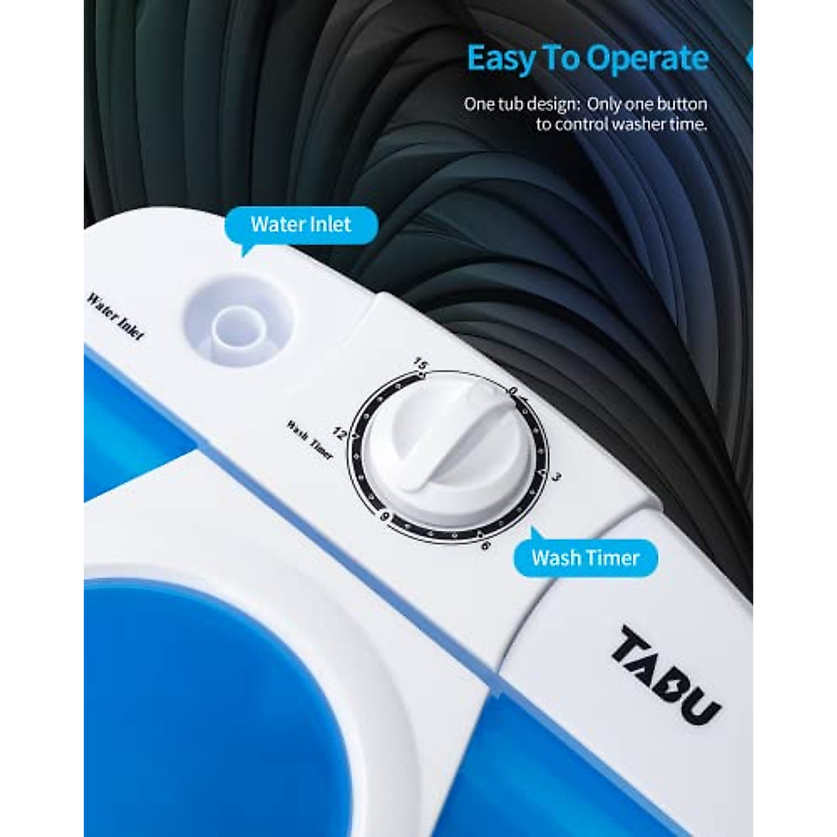 TABU 7.7lbs Mini Washer, Small Washing Machine, Compact Washer, Portable Washing Machine with Timer Control and Single Tub, no Spiner Basket