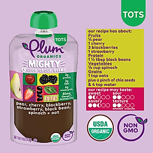 Plum Organics Mighty 4 Organic Toddler Food - Pear, Cherry, Blackberry, Strawberry, Black Bean, Spinach, and Oat - 4 oz Pouch (Pack of 12) - Organic Fruit and Vegetable Toddler Food Pouch