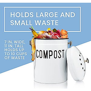 JRW Design White Kitchen Compost Bin Plus 2 Non-Smell Filters, 1.3 Gallon Farmhouse Bin for Countertop, Durable Bin Kitchen with Handle, Easy to Clean, Rust Proof Composting Bin, Compost Bucket