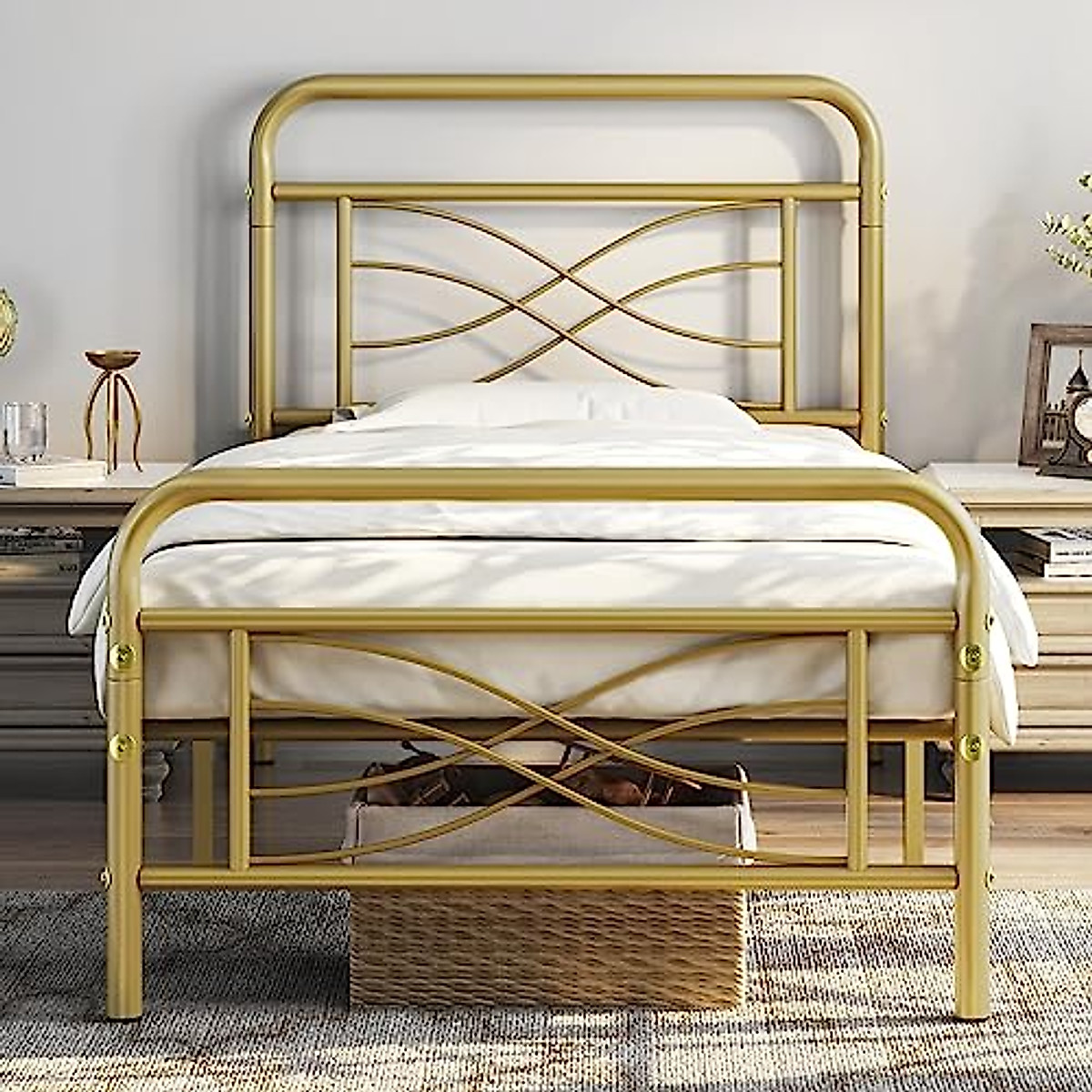 Topeakmart Twin Bed Frames Metal Bed with Vintage Style/Criss-Cross Design Headboard/Mattress Foundation/No Box Spring Needed/Under Bed Storage/Strong Slat Support Antique Gold Twin Bed