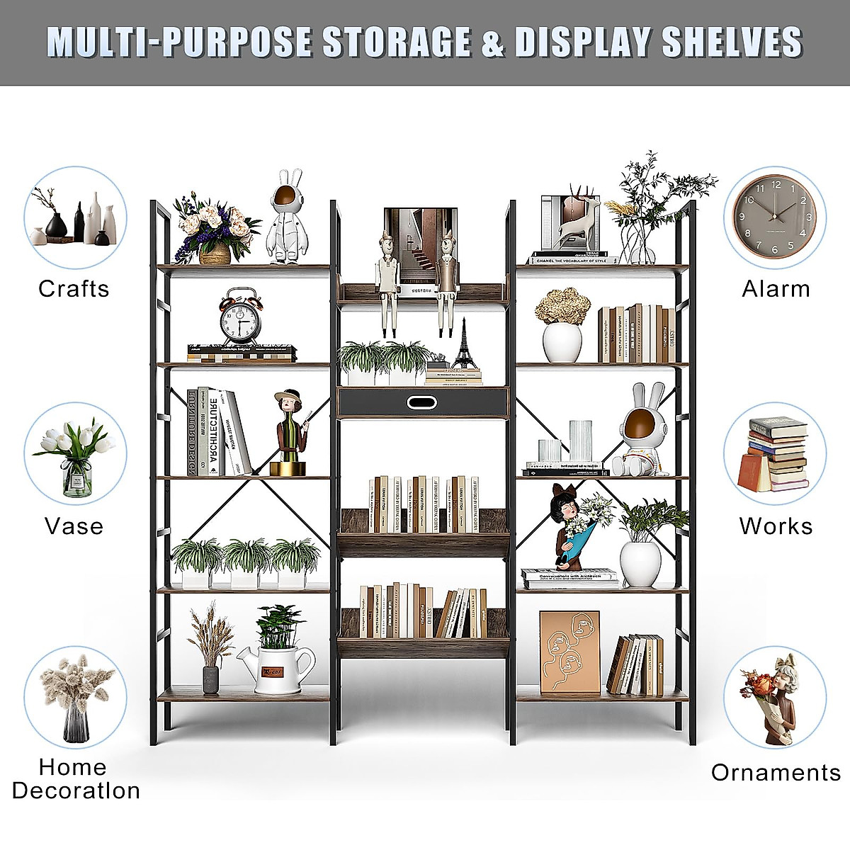 GEBAROW 5 Tier Bookshelf with Triple Wide, Modern Bookshelf with Metal Frame, Industrial Bookshelf, Large Open Bookshelf for Bedroom, Living Room and Home Office Vintage Brown (2)