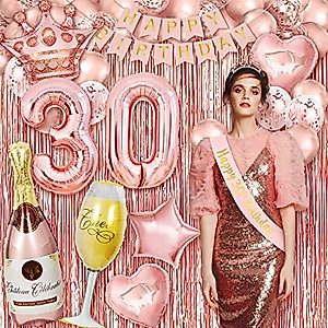 30th Birthday Decorations for Women, Rose Gold 30 Birthday Decorations for Her, Including Happy Birthday Sash, Crown, Banner, Foil Backdrops, Rosegold Balloons for 30th Birthday Party Supplies