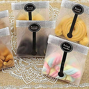 Cookie Bags for Packaging, Searik Translucent Plastic Cellophane Pastry Treat Bags for Party Gift Giving Bakery Bread Candy Chocolate Wrapping Goods with Stickers and Ribbon (3.5 x 8.8 Inches, 80 Pcs)
