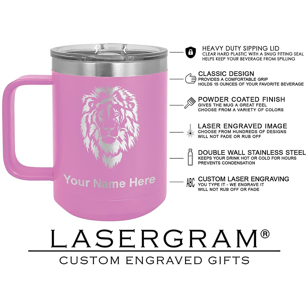 LaserGram 15oz Vacuum Insulated Coffee Mug, Oncology, Personalized Engraving Included (Light Purple)