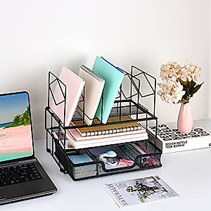 gianotter Desk Organizers and Accessories, Office Supplies Desk Organizer with Sliding Drawer, Double Tray and 5 Upright Sections (Black)