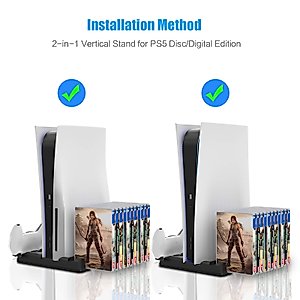 ECHZOVE PS5 Stand with Controller Charger and Cooling Fan, PS5 Digital/Disc Version Stand, PS5 Controller Charger with USB C Cable, PS5 Cooling Stand - White