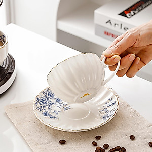 Generic Bloosnow 8oz Blue Rose Coffee Cup with Saucer,Blue Flora Porcelain Coffee Tea Cup,Gift Cappuccino Cup and Saucer, Large, HFB0002A