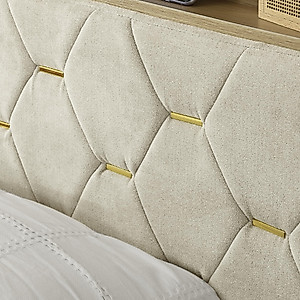 QKFF Queen Size Bed Frame with Upholstered Headboard, Wood Platform Bed Frame with Outlet & USB Ports Headboard, Wood Legs, No Box Spring Needed, Easy Assembly (Beige, Queen)