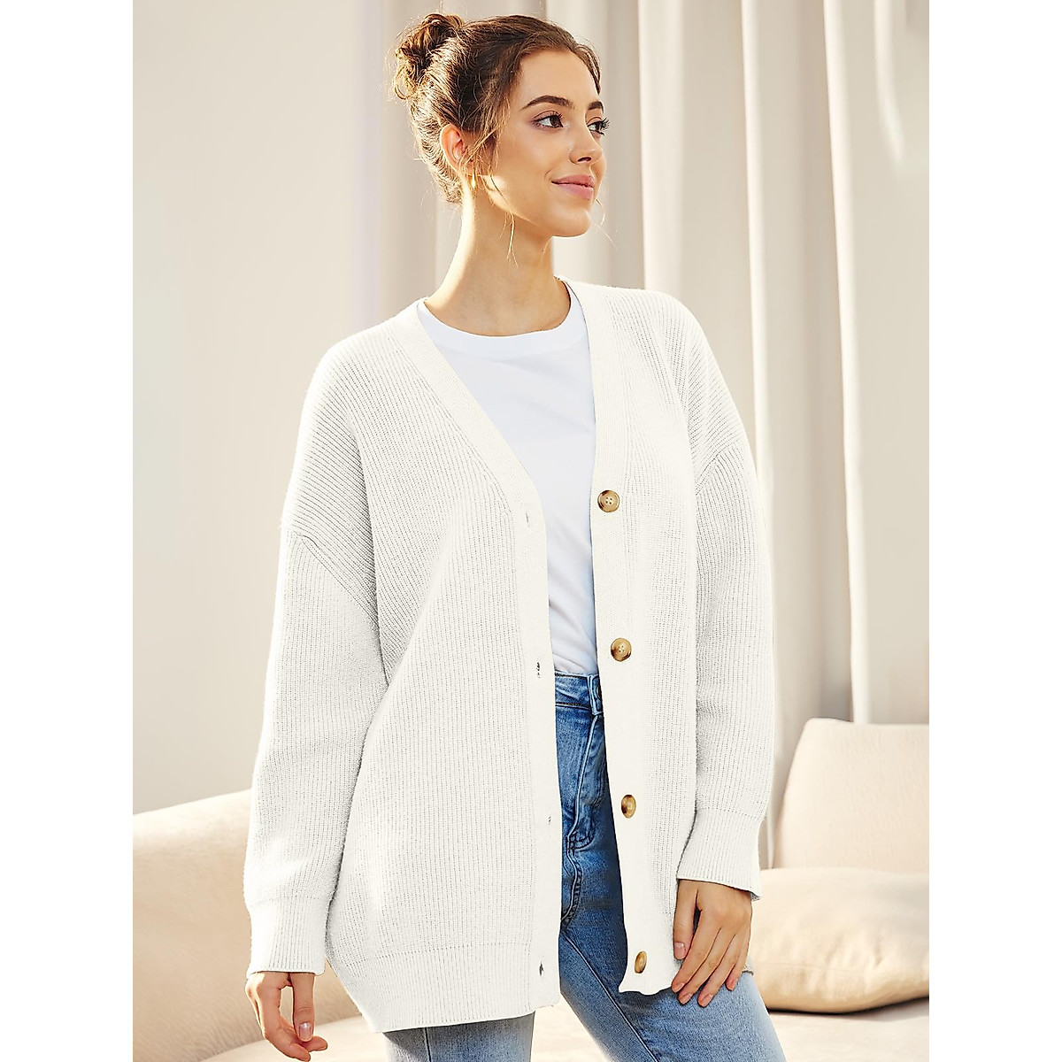 EFAN Womens White Cardigan Sweaters 2025 Trendy Oversized Sweater Long Cardigans V Neck Lightweight Knit Clothes Outfits