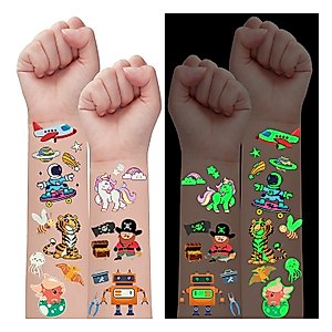 PARTYWIND Luminous Temporary Tattoos for Kids, Waterproof Fake Tattoos Stickers with Dinosaur Mermaid Pirate Construction for Boys and Girls, Birthday Gifts Party Decorations Supplies Favors