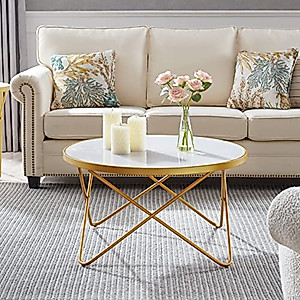KithKasa Mid Century Modern Round Gold Coffee Table with White Glass and Metal Frame Central Table for Living Room Recepetion Room