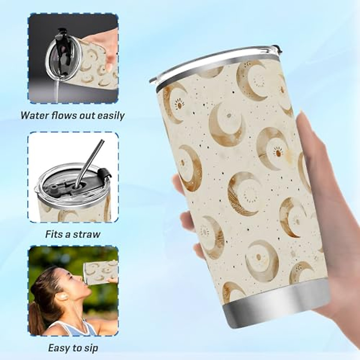 sanluoli Moons Starry Boho Retro Stainless Steel coffee cup Leak-proof Lid and Straw coffee mugs with lids for café simply tumbler with lid and straw 20 OZ
