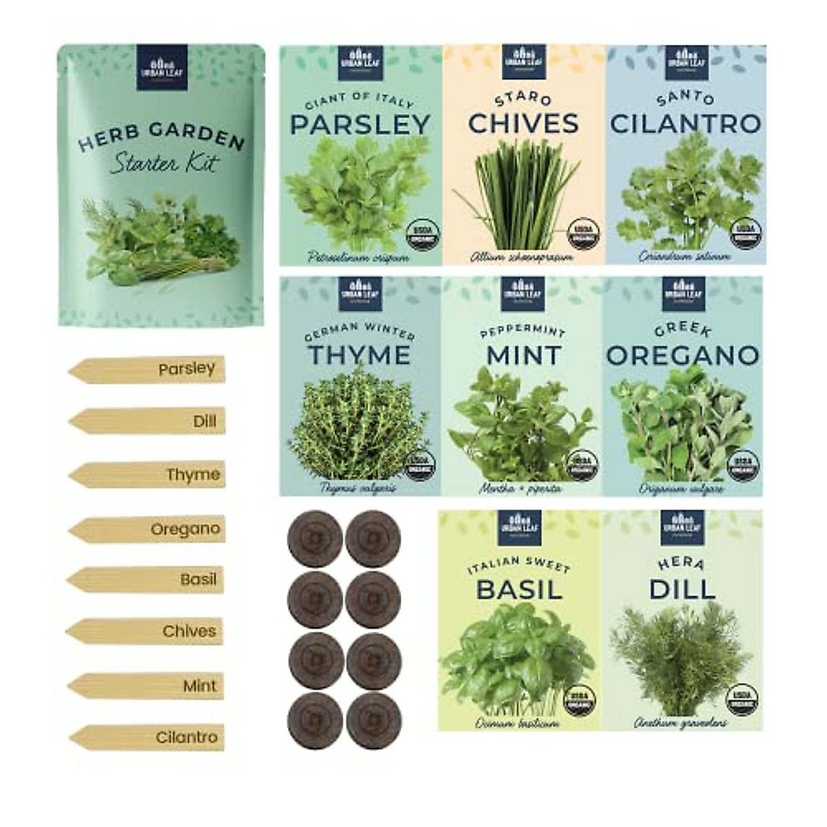 Herb Garden Starter Kit (8 pc) – Organic, Non GMO, high Germination Rate, resealable Secure Pouch - incl Bamboo Labels and Soil Starters