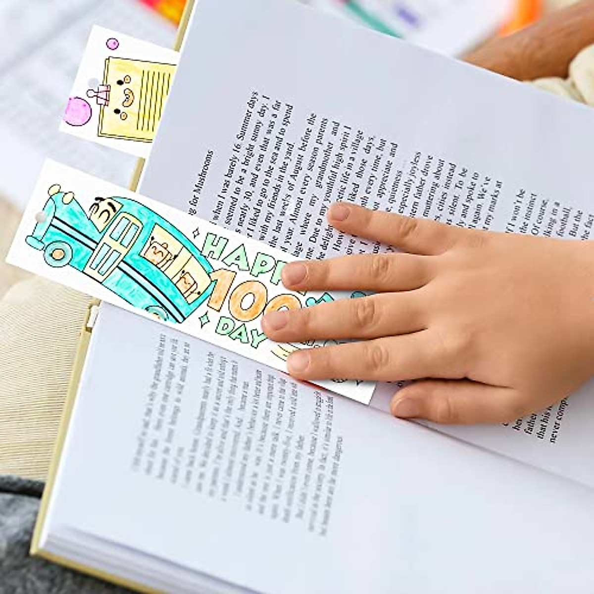 3sscha 75Pcs 100th Day of School Color Your Own Bookmarks for Kids DIY Coloring Blank Bookmark Including Pencil Alarm Clock Books Ruler Painting Paper Bookmark Class Party Supplies Goodie Bag Fillers
