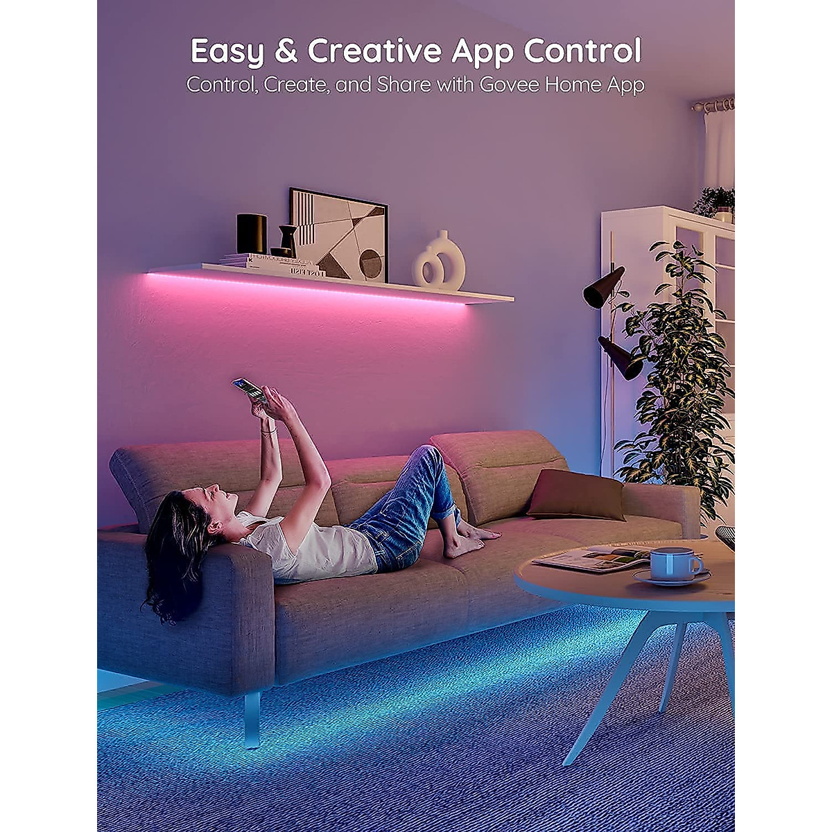 Govee 100ft LED Strip Lights, Bluetooth RGB LED Lights with App Control, 64 Scenes and Music Sync LED Strip Lighting for Bedroom, Living Room, Kitchen, Party, ETL Listed Adapter