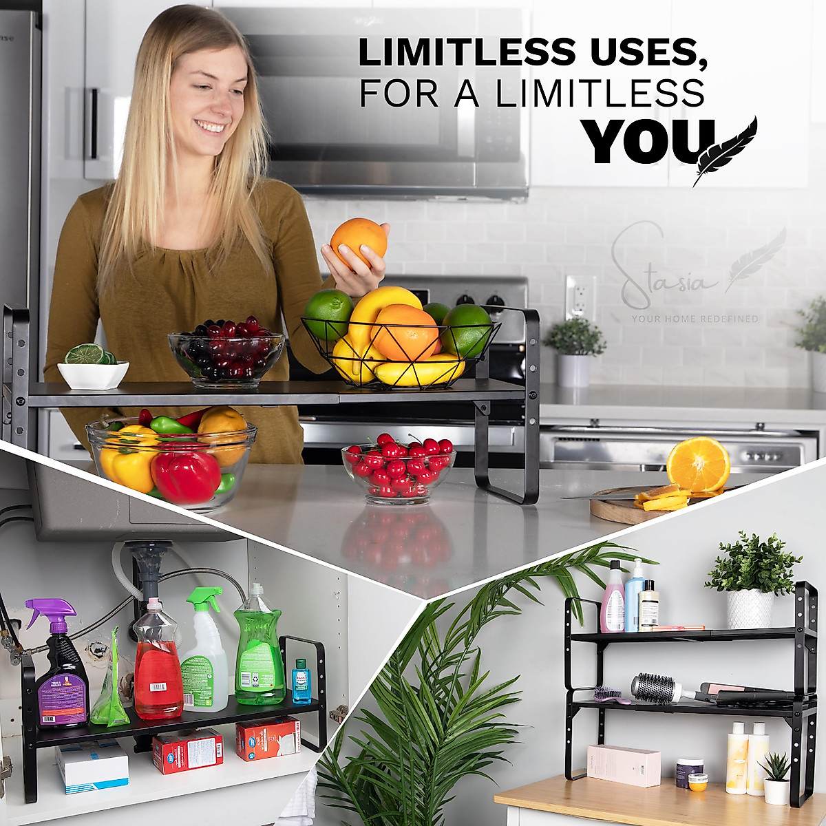 Expandable Kitchen Cabinet Shelf Organizers - Adjustable Height & Width Shelf Riser - Stackable Shelves - Pantry Shelf Organizer Rack - Cupboard Cabinet Storage Shelf Rack - Countertop Organizer