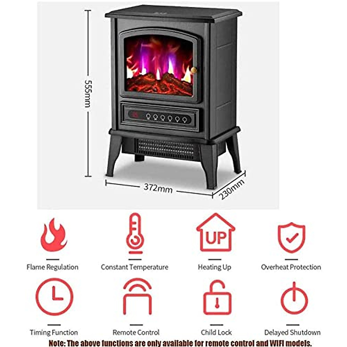 VOMKR Large Electric Stove Fires Freestanding, Electric Fireplace Stove Heater, Recessed and Wall Mounted Freestanding Fireplace with Wood Burning LED Light (Size : Remote Control)